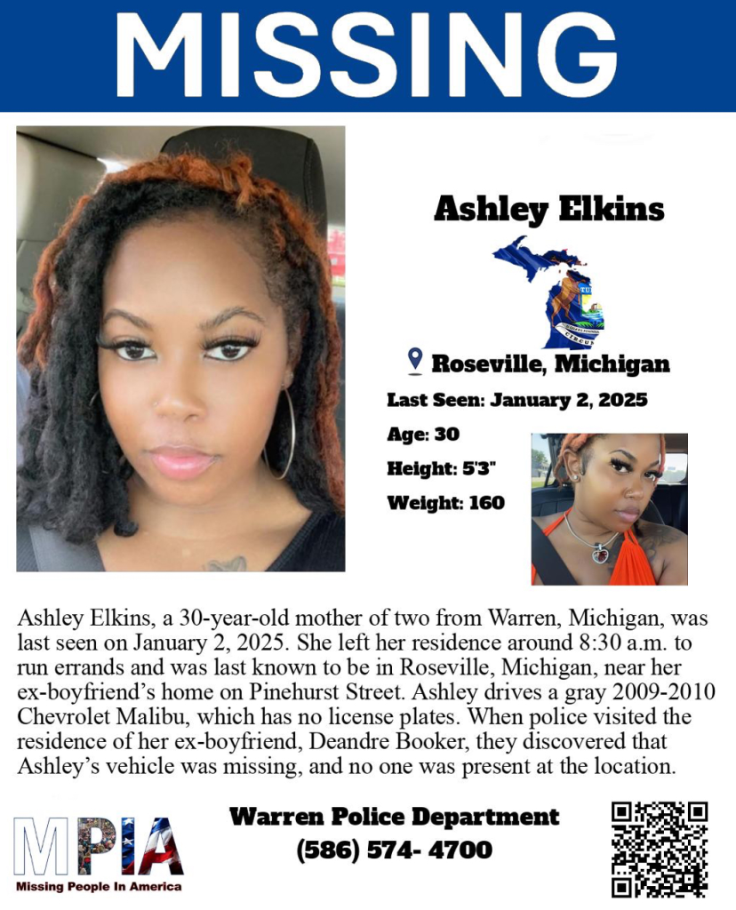 MI - MI - Ashley Elkins, 30, Warren, 2 Jan 2025 *the last location of ...